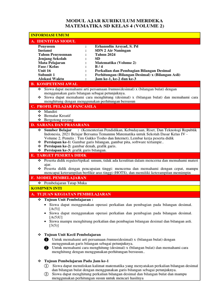 Kelas 4 Modul Matematika Perkalian Dan Pembagian Bilangan Desimal | PDF