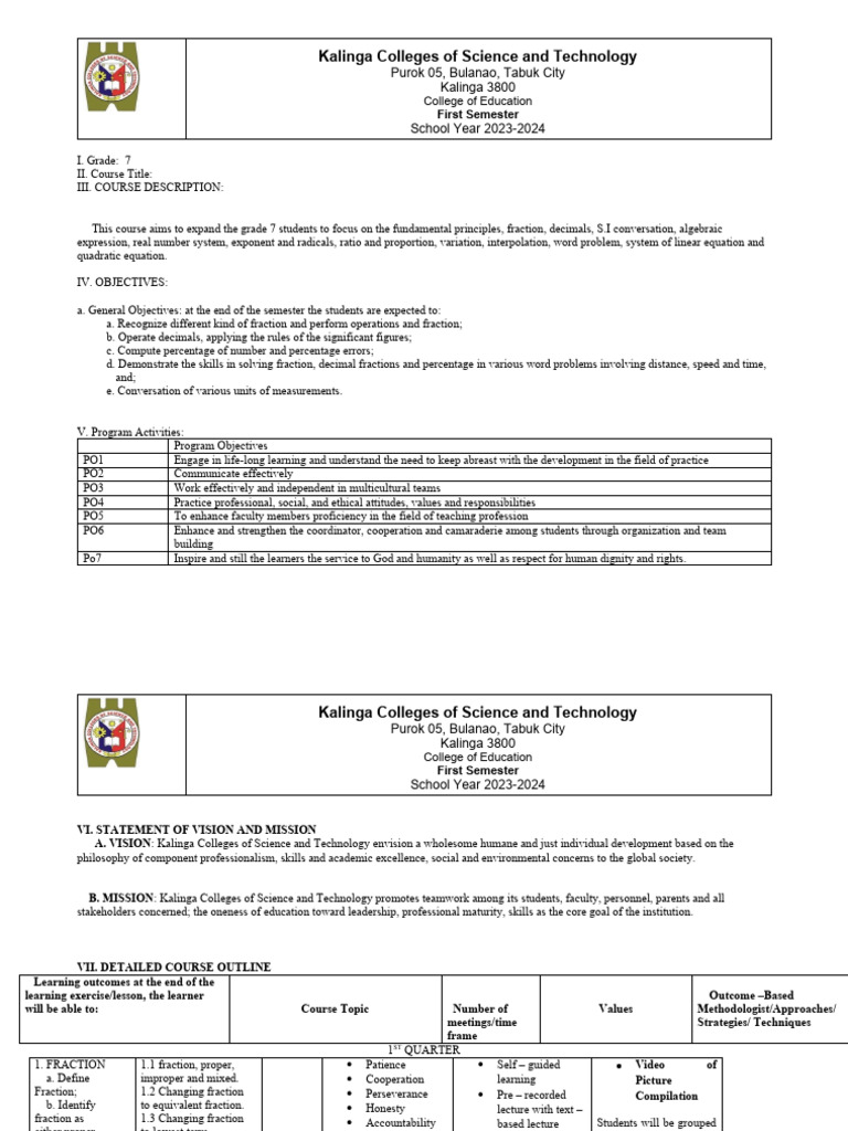Syllabus 1 | PDF | Learning | Equations