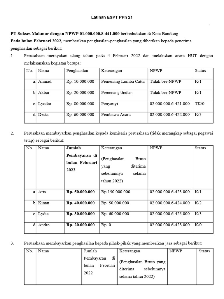 Latihan Soal Untuk Pengisian SPT PPH Pasal 21 | PDF