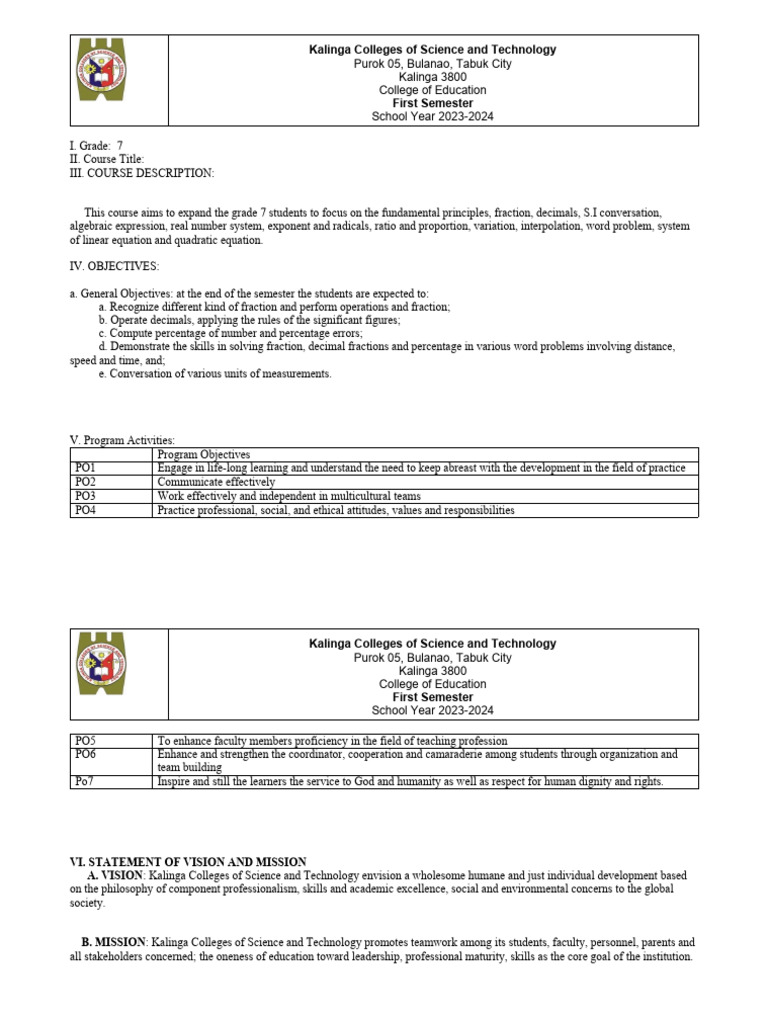 Grade 7 Math Course Outline 2023-2024 | PDF | Ratio | Multiplication