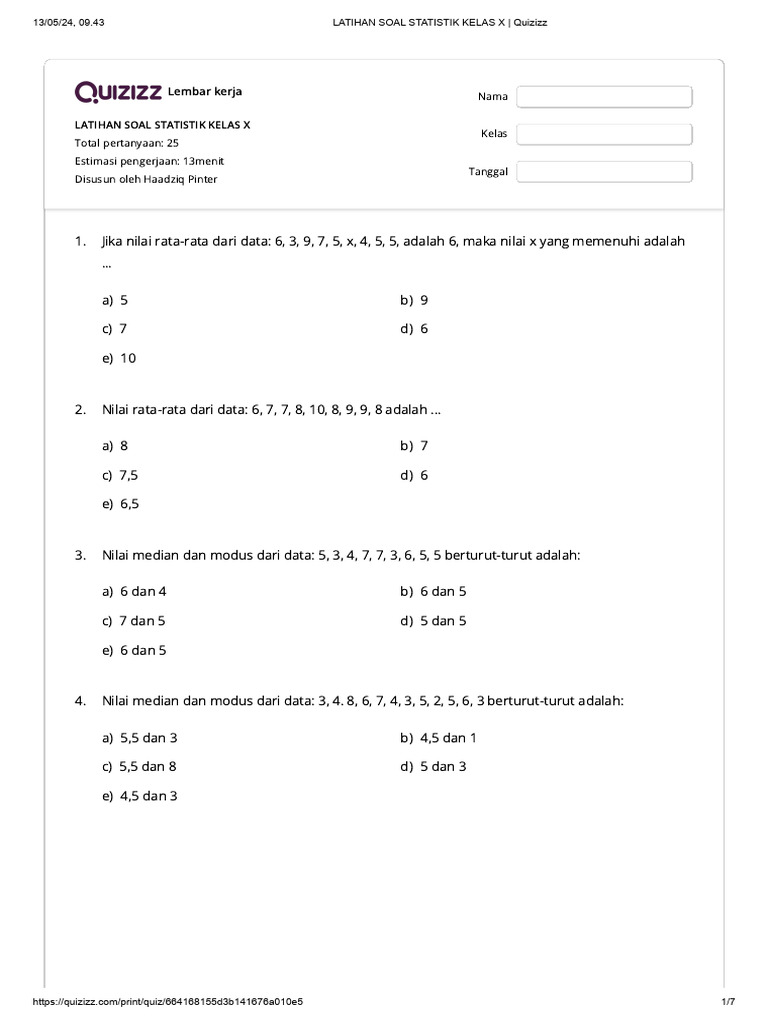 Latihan Soal Statistika Kelas 10 | PDF | Metode & Bahan Ajar