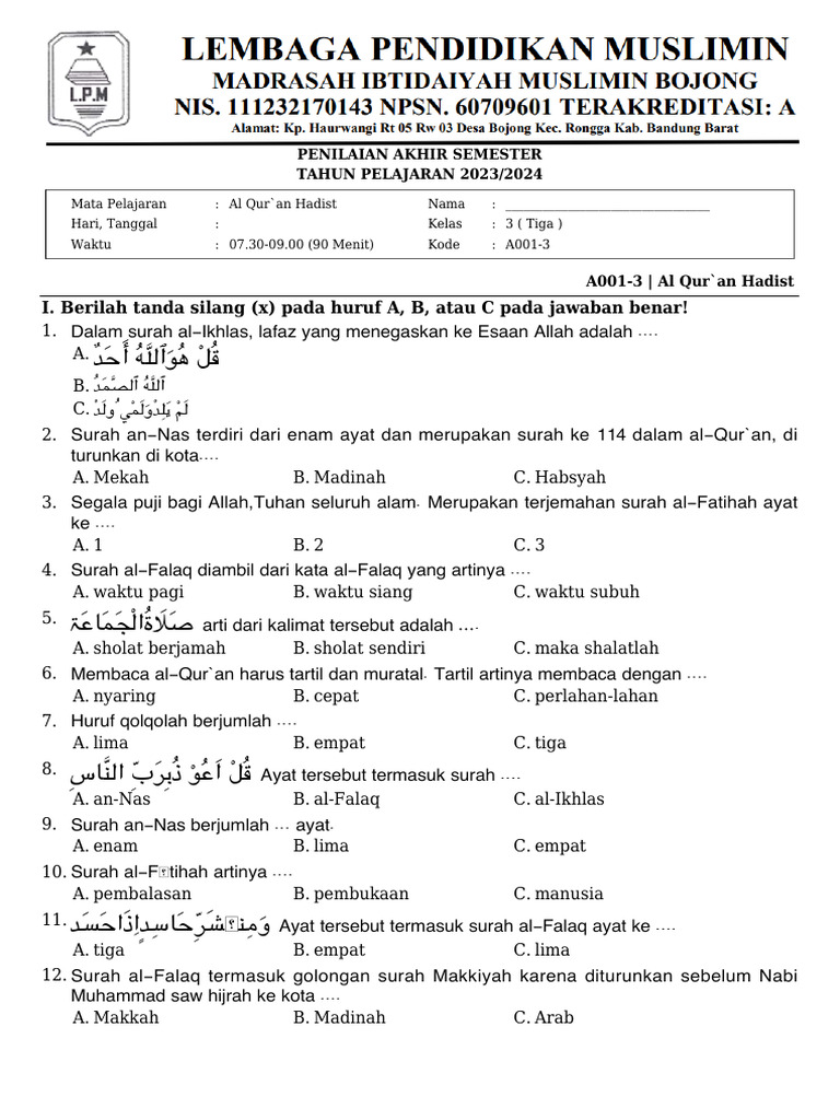 Soal - TP. 2023 - 2024 - A001-3 - Al Qur'an Hadist - Kelas 3 - Madrasah Ibtidaiyah Muslimin ...