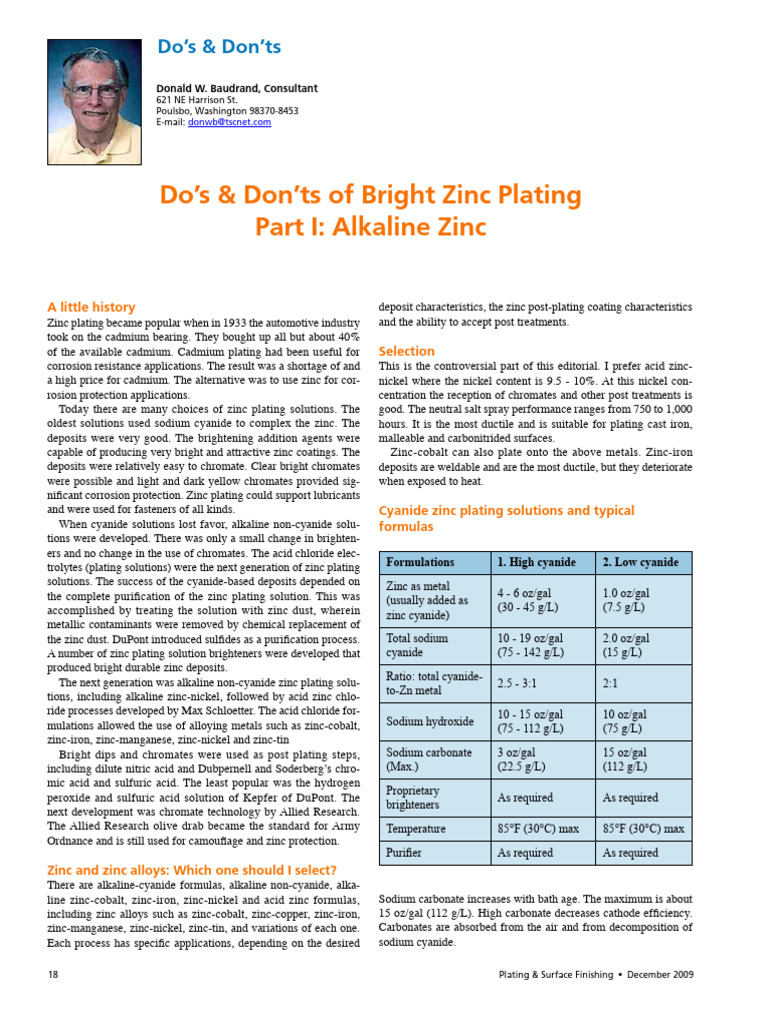 Do's & Don'ts of Bright Zinc Plating Part I: Alkaline Zinc | PDF | Zinc ...