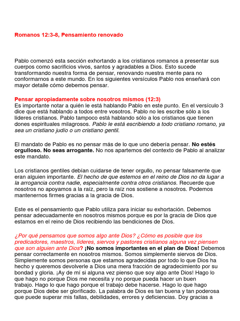 27-3-24 Romanos 12 3-8 Pensamiento Renovado | PDF | Fe | Pablo el apóstol
