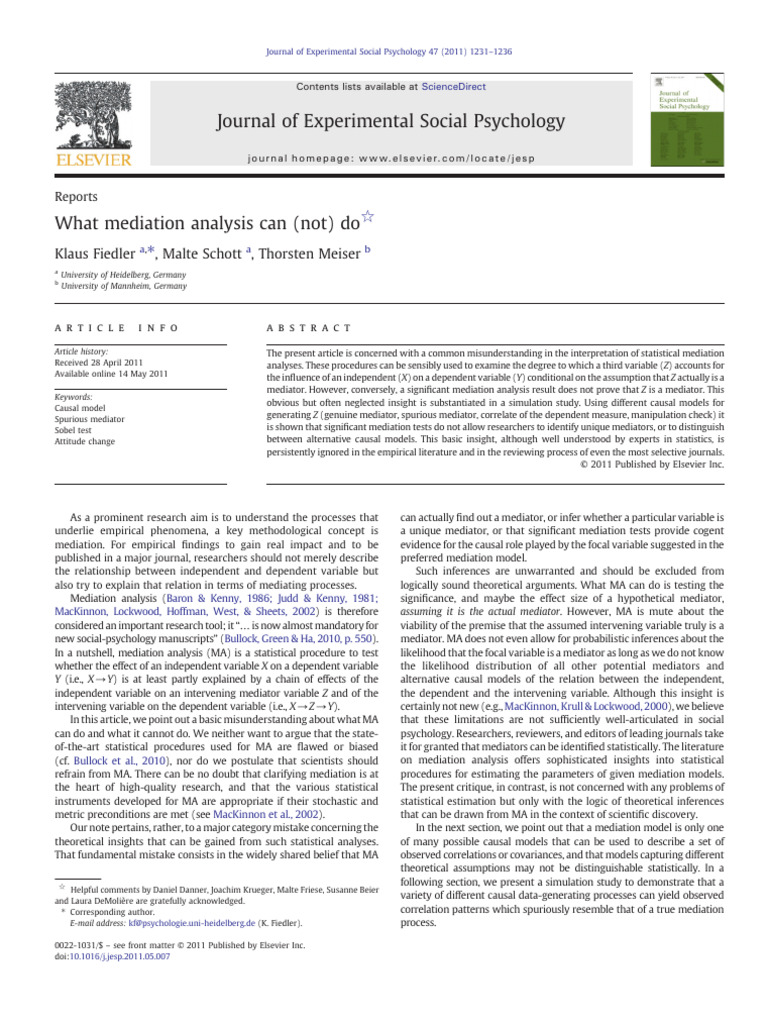 Fiedler Et Al 2011 What Mediation Can and Cannot Do | PDF | Statistics ...