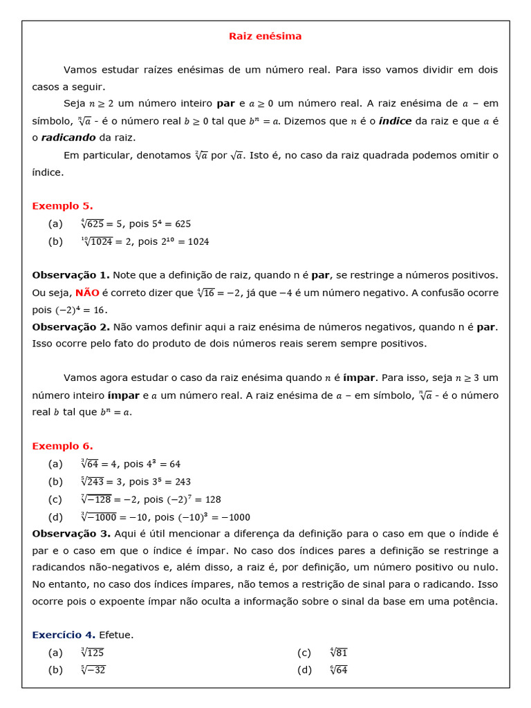 Raiz Enésima | PDF | Exponenciação | Número real
