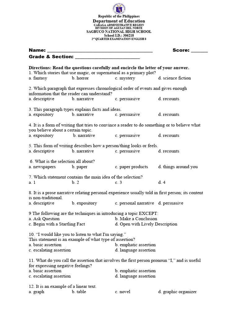 Eng 8 q2 Test | PDF | Language Arts & Discipline | Foreign Language Studies