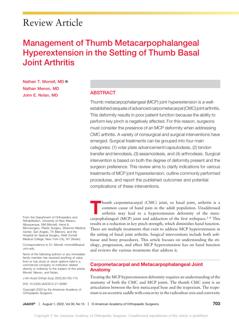 Management of Thumb Metacarpophalangeal Hyperextension in The Setting ...
