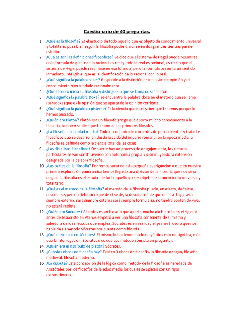 Cuestionario de 40 preguntas de Jose Montes | PDF | Platón | Sócrates
