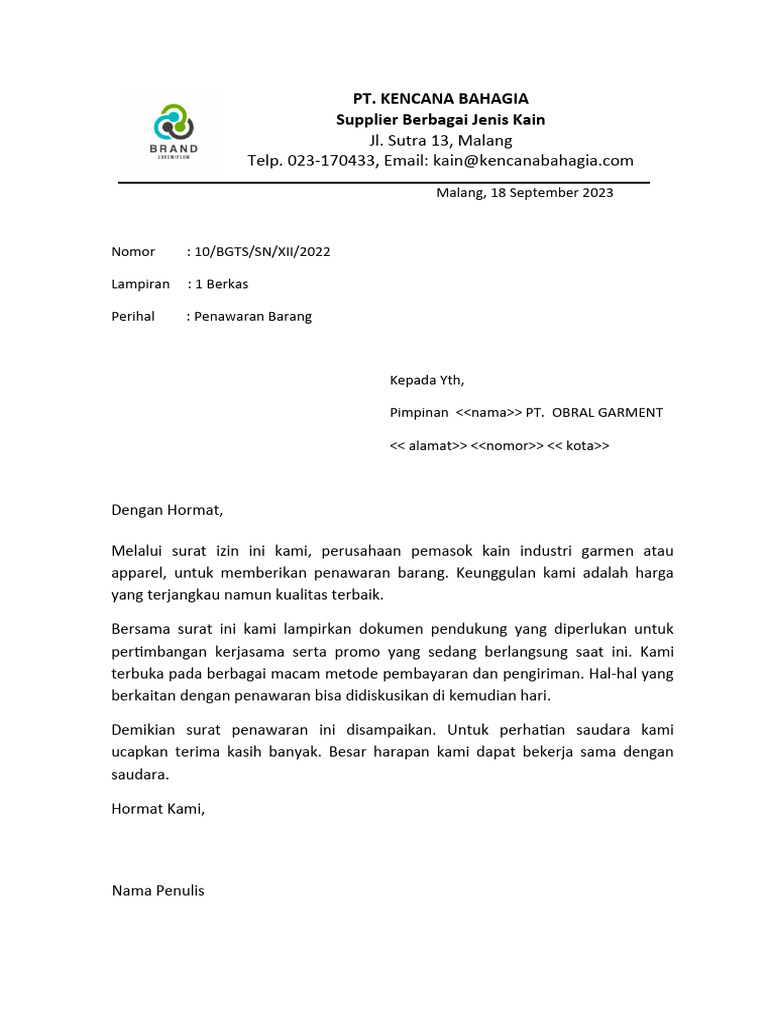 Contoh Surat Resmi Penawaran Barang kepada perusahaan | PDF