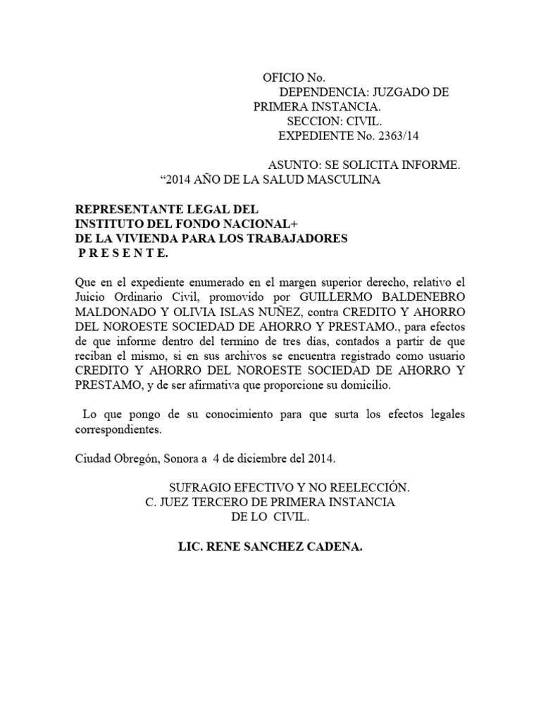 Oficio Infonavit Guillermo Baldenebro | PDF