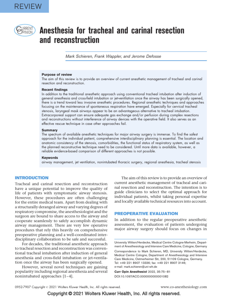 Anesthesia For Tracheal and Carinal Resection | PDF | Anesthesia | Surgery