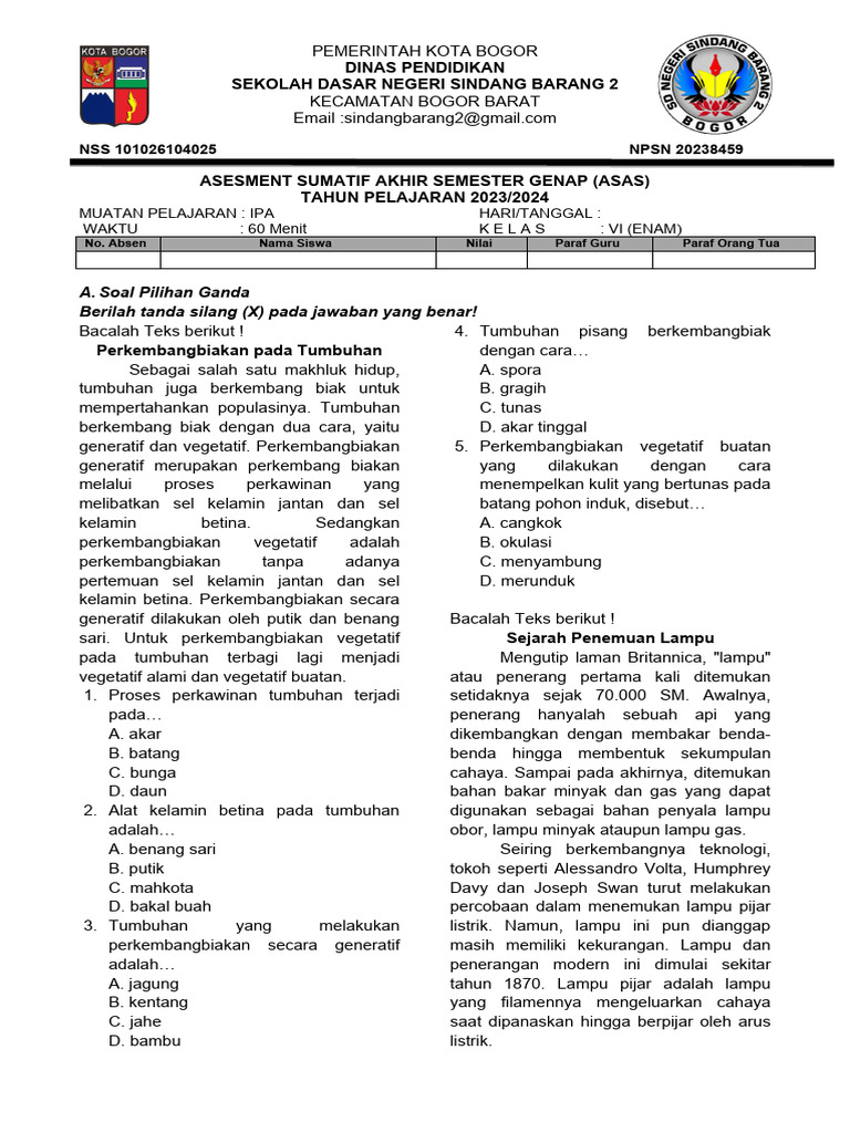 SOAL ASAJ IPA Kelas 6 THN 2024 | PDF