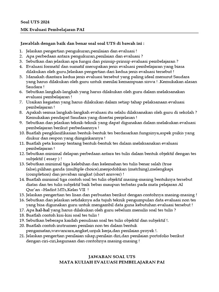 Soal UTS Evaluasi PAI | PDF | Karier & Perkembangan