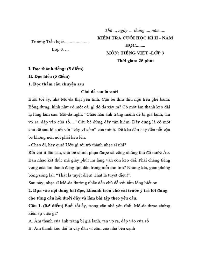 De Thi Tieng Viet Lop 3 Hoc Ki 2 Ket Noi Tri Thuc So 5 | PDF