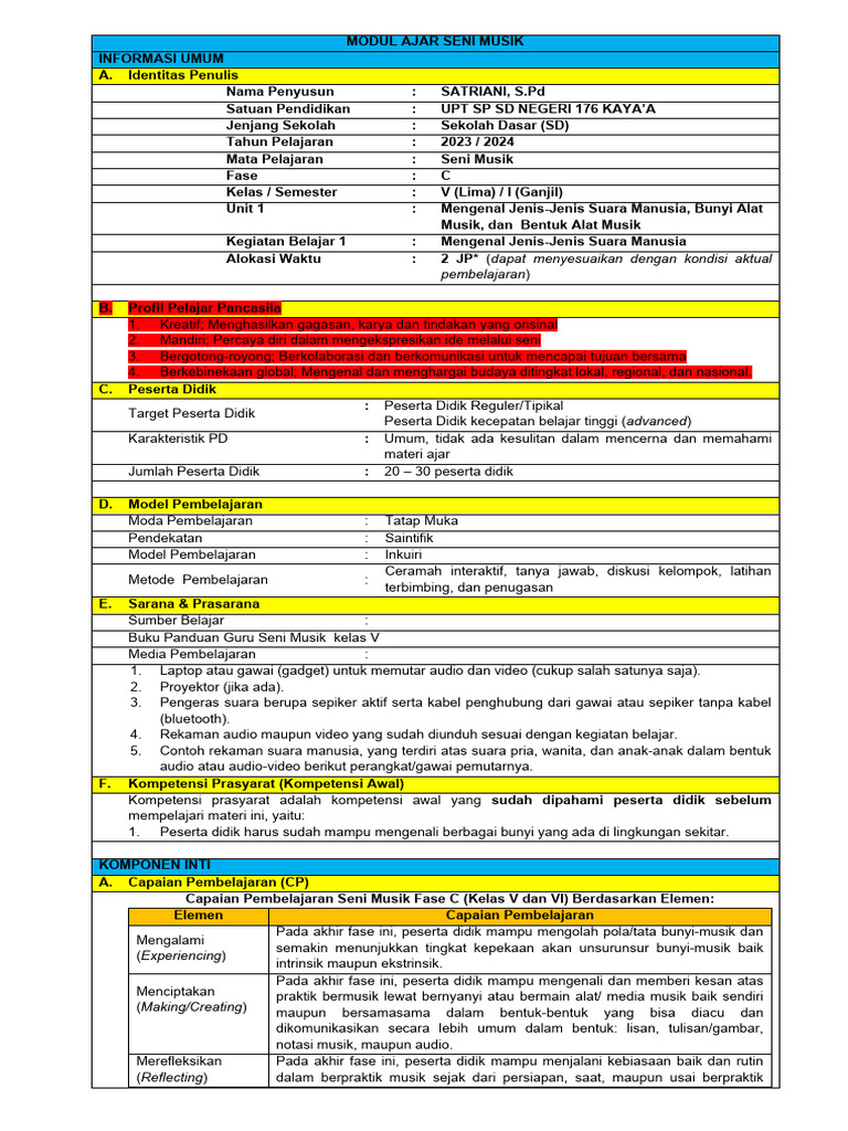 Modul Ajar Seni Musik Kelas V SD | PDF