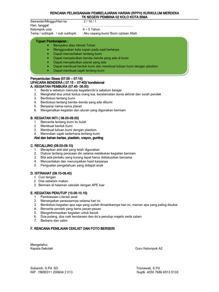 RPPH Tema Alam Semesta untuk TK | PDF