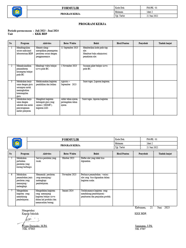 Program Kerja 2023-2024 (BDP) | PDF