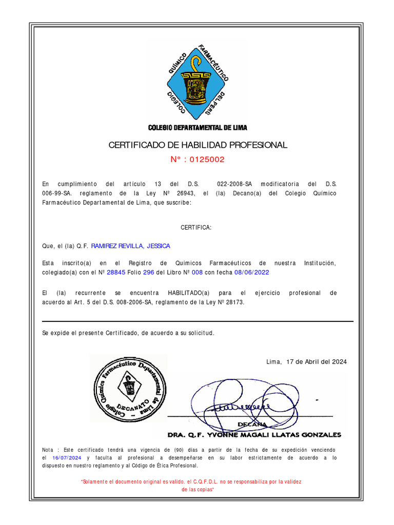 Certificado de Habilidad Profesional: Ramirez Revilla, Jessica | PDF
