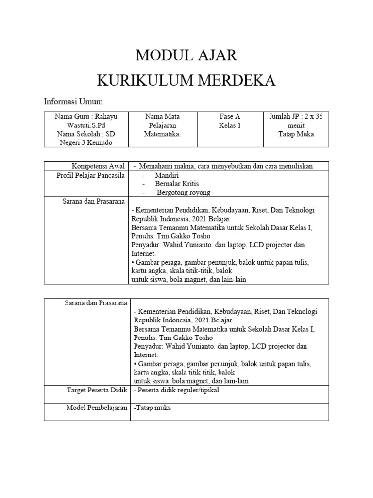 Modul Ajar Kelas 1 Ukin | PDF