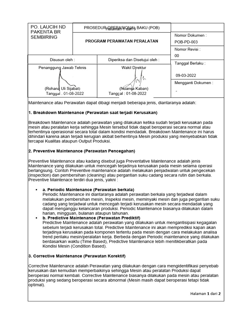 POB-PD-003 Rev 00 Program Perawatan Peralatan | PDF