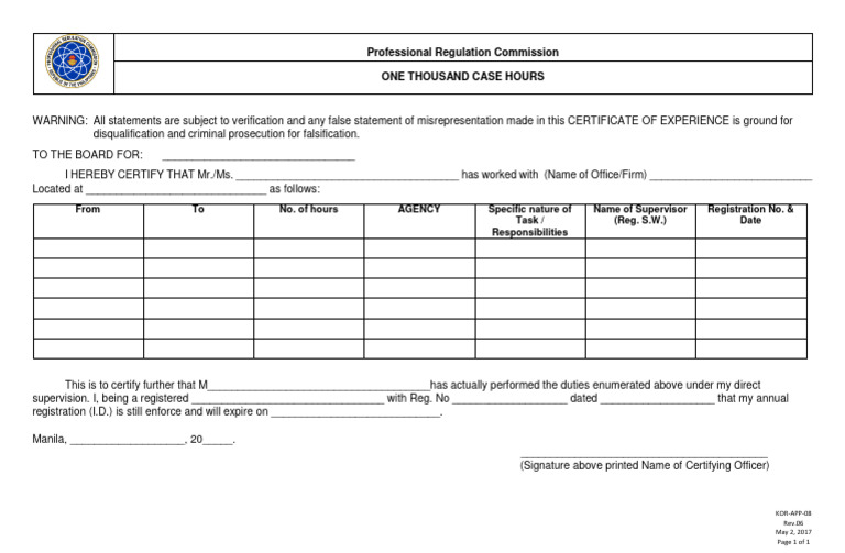 PRC 1000 Case Hours Form 2 | PDF
