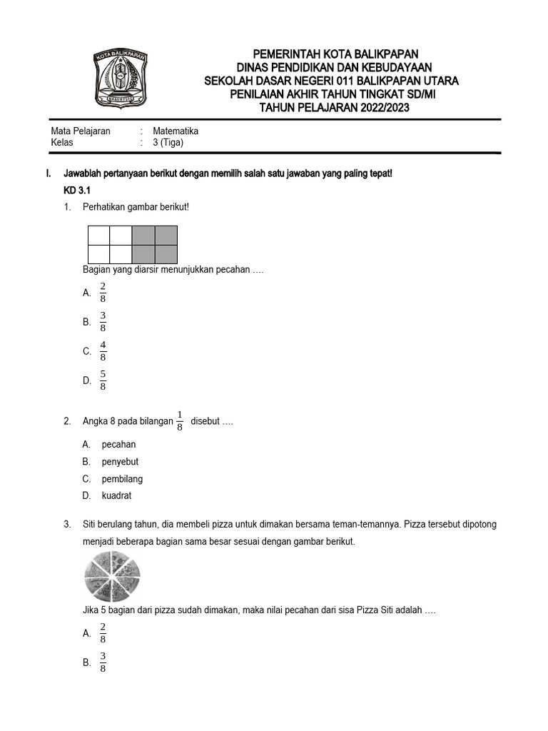 Soal PAT Matematika Kelas 3 TH 2022-2023 | PDF
