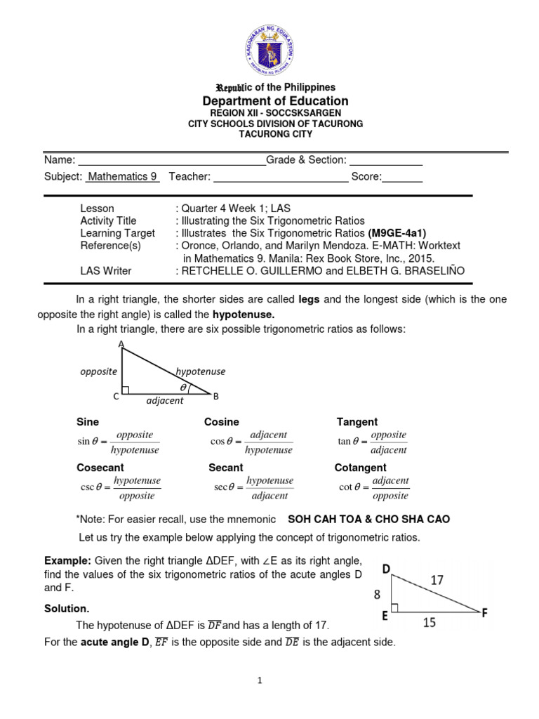 Math 9 q4 Week 1 8 Las Tnhs With Answer Key | PDF | Trigonometric ...