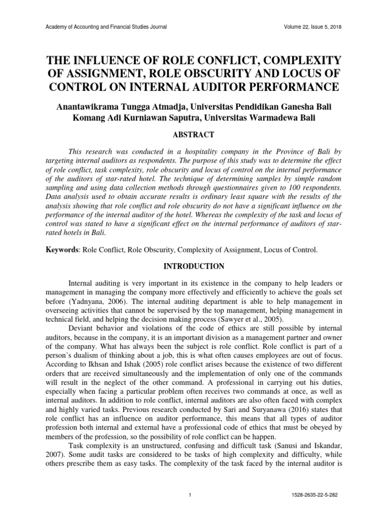 The Influence of Role Conflict, Complexity of Assignment, Role Obscurity and Locus of Control On ...