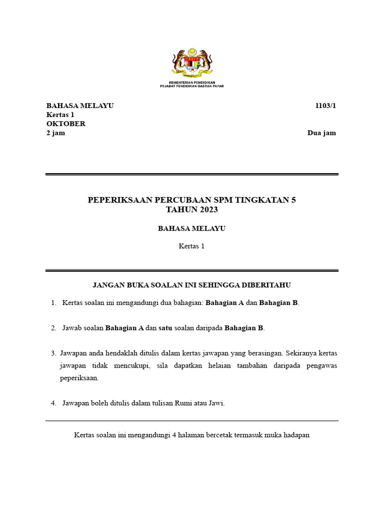 Soalan Percubaan SPM 2023 Kertas 1 | PDF