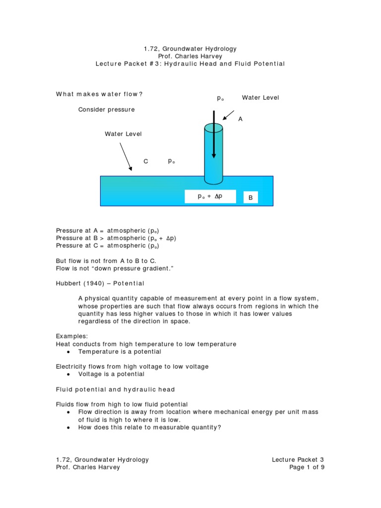 Lecture Packet #3: Hydraulic Head and Fluid Potential | PDF | Pressure ...