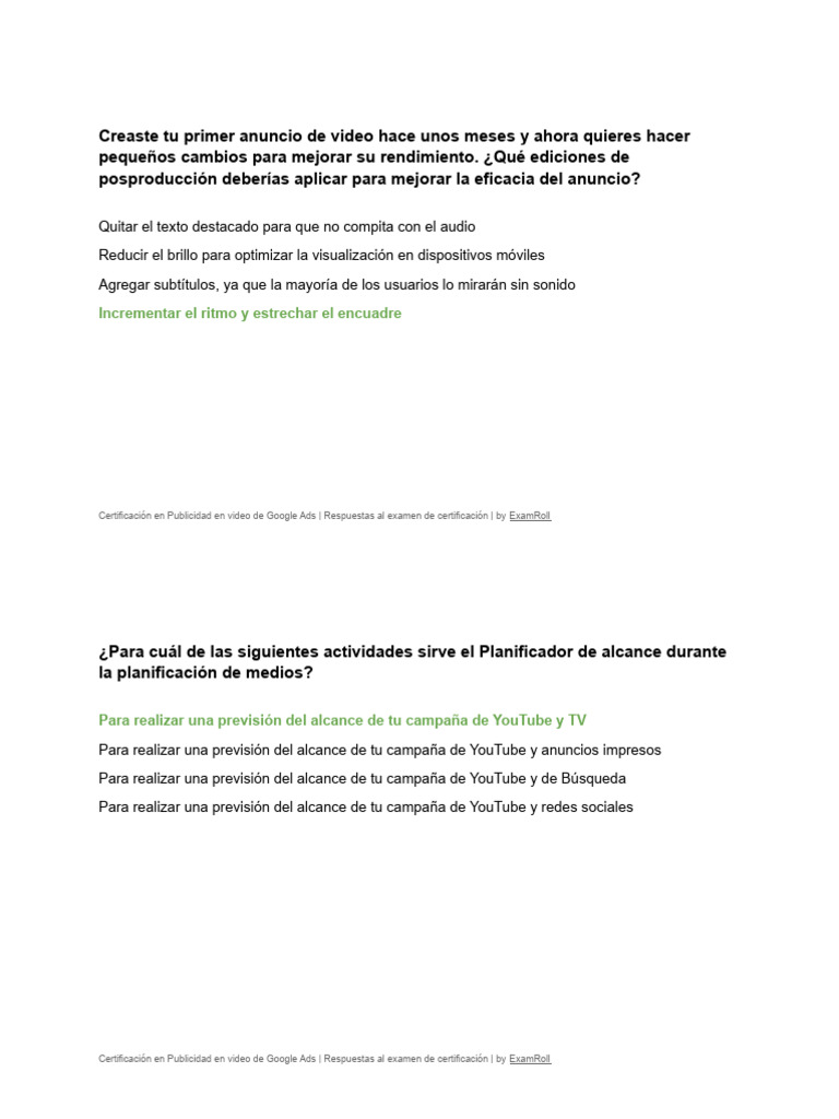 Google Ads Video Certification Answers ES - LATAM | PDF | Publicidad online | Publicidad