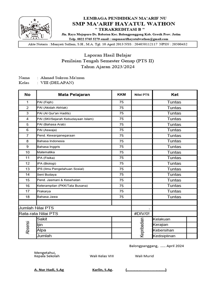 Format Excel Rapor Pts SMP Kelas 8 Genap 2324 | PDF