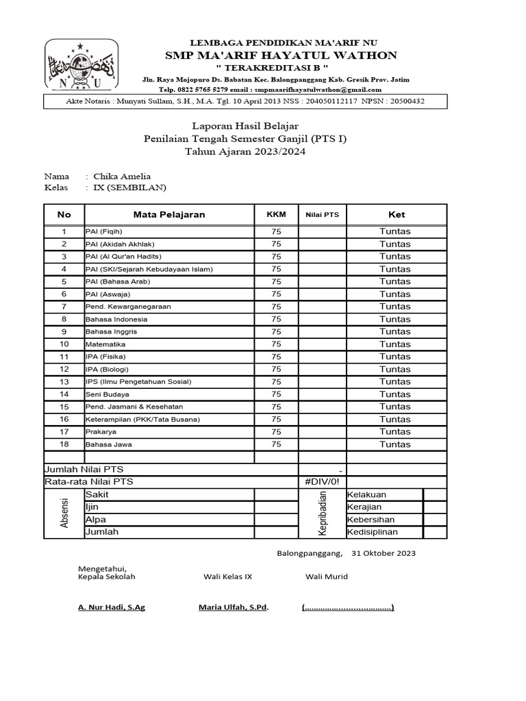Laporan PTS Siswa Kelas IX | PDF