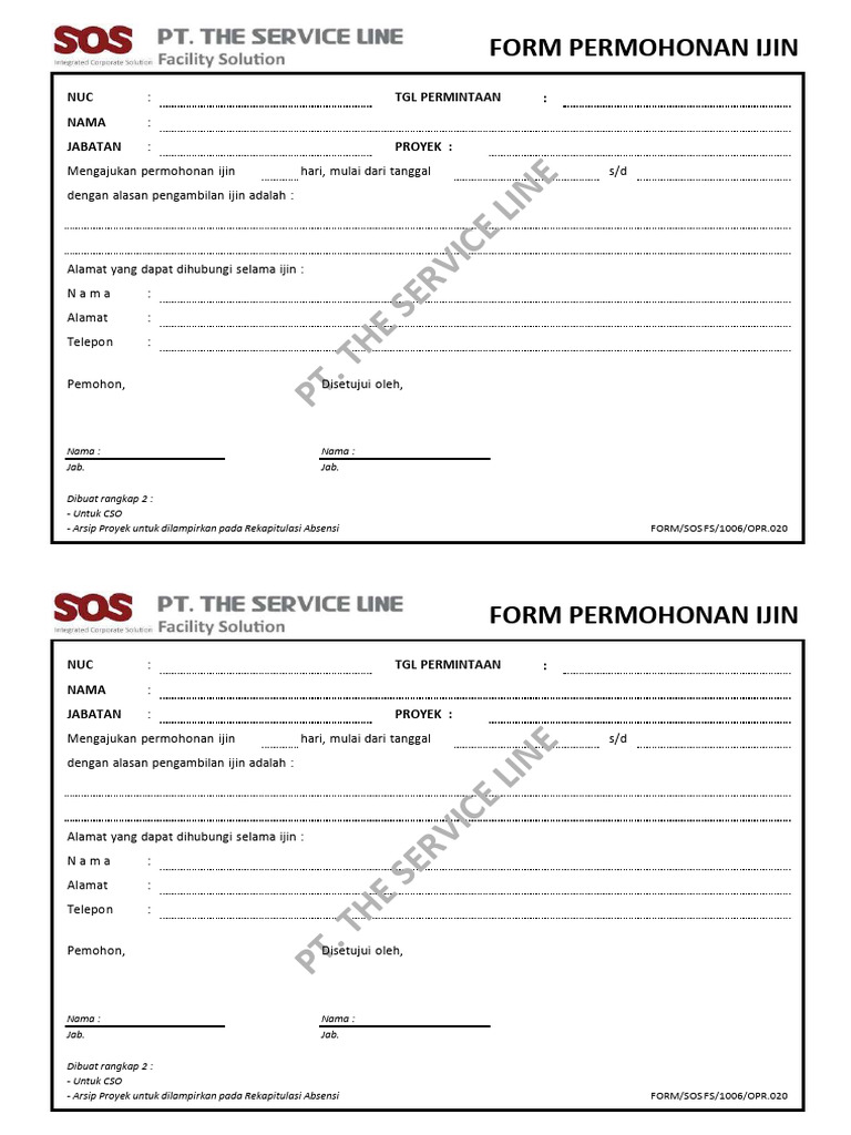 FORM-SOSFS OPR1006.020 Form Permohonan Ijin | PDF