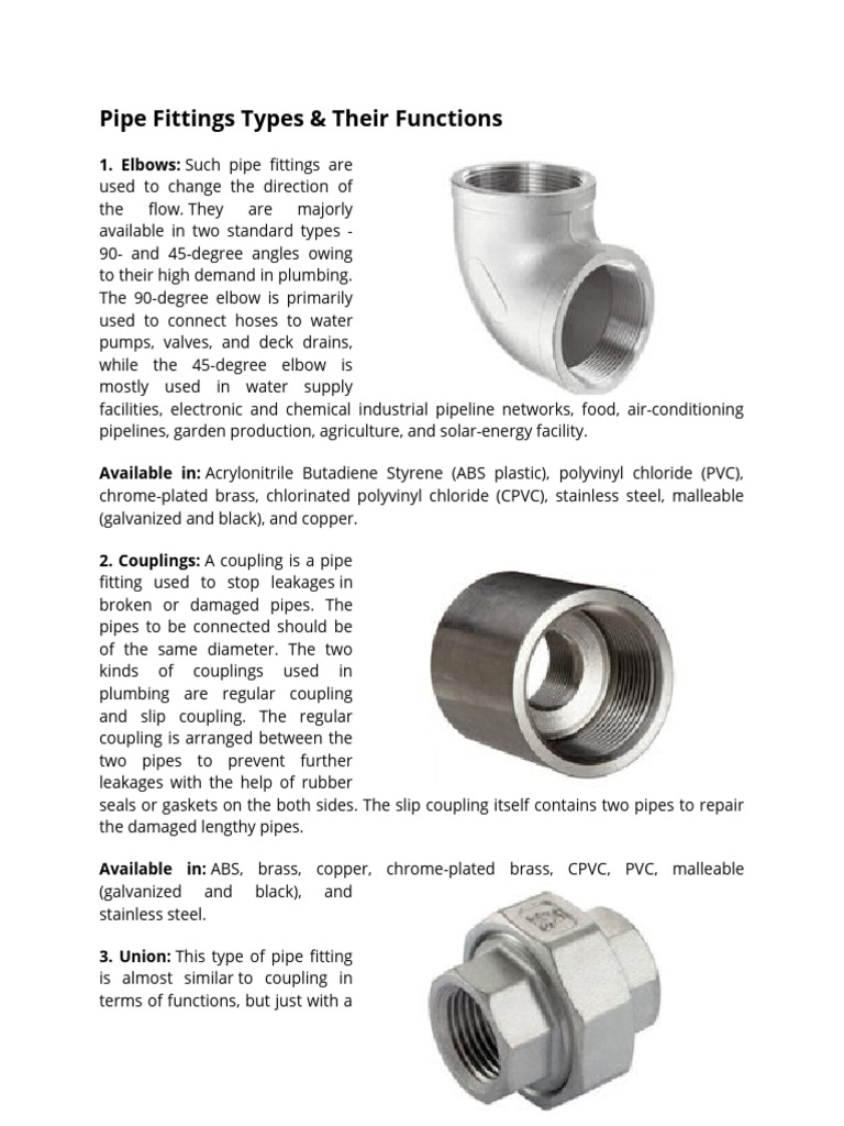 Pipe Fittings Types | PDF | Pipe (Fluid Conveyance) | Plumbing