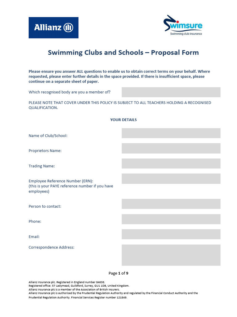 Swimming Clubs Insurance Proposal Form | PDF | Insurance | Legal Liability