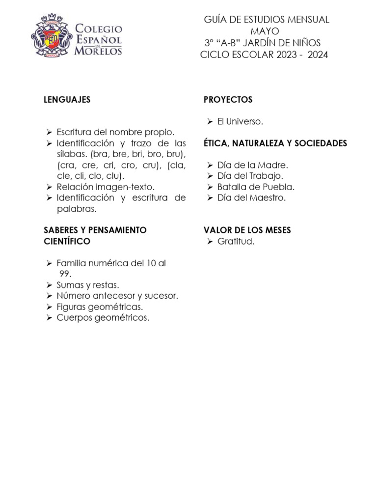 Guía de Estudios Mayo 3° Jardín 2023-24 | PDF