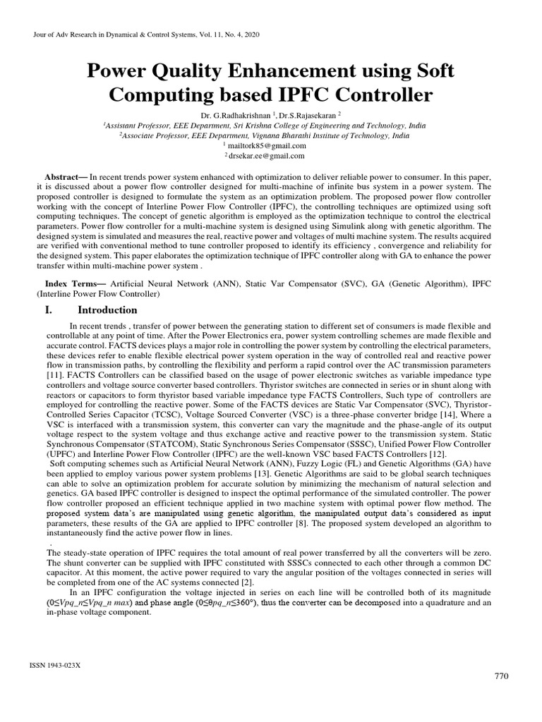 Power Quality Enhancement Using Soft Computing Based IPFC Controller | Download Free PDF ...