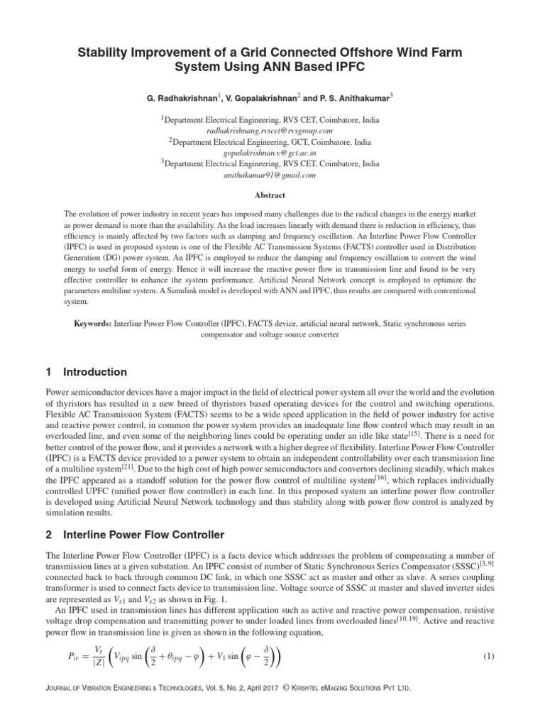 Stability Improvement of A Grid Connected Offshore WindFarm System Using ANN Based IPFC JVET ...