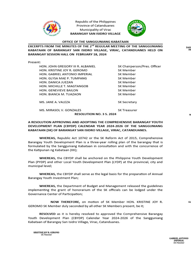 SK Meeting Minutes: CBYDP 2024-2026 Approval | PDF | Youth ...