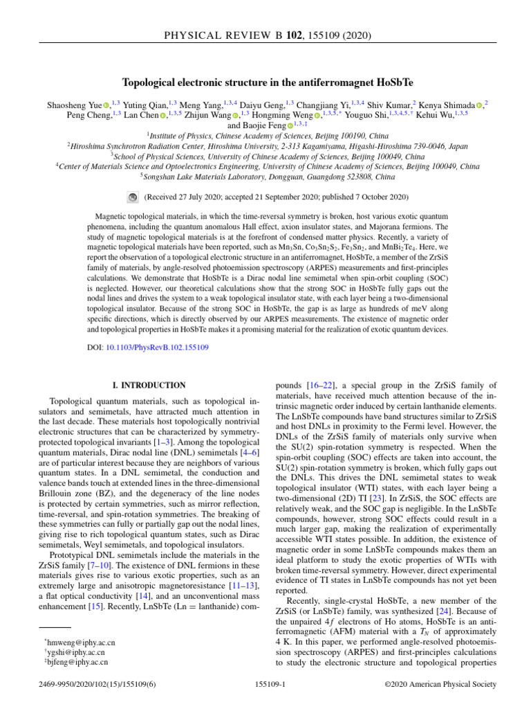 Topological Electronic Structure in the Antiferromagnet HoSbTe | PDF ...