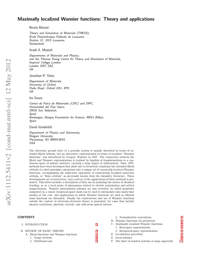 Maximally Localized Wannier Functions Theory and Applications | PDF | Quantum Chemistry | Phonon