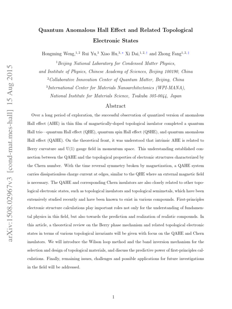 Quantum Anomalous Hall Effect and Related Topological | PDF | Gauge Theory | Physics