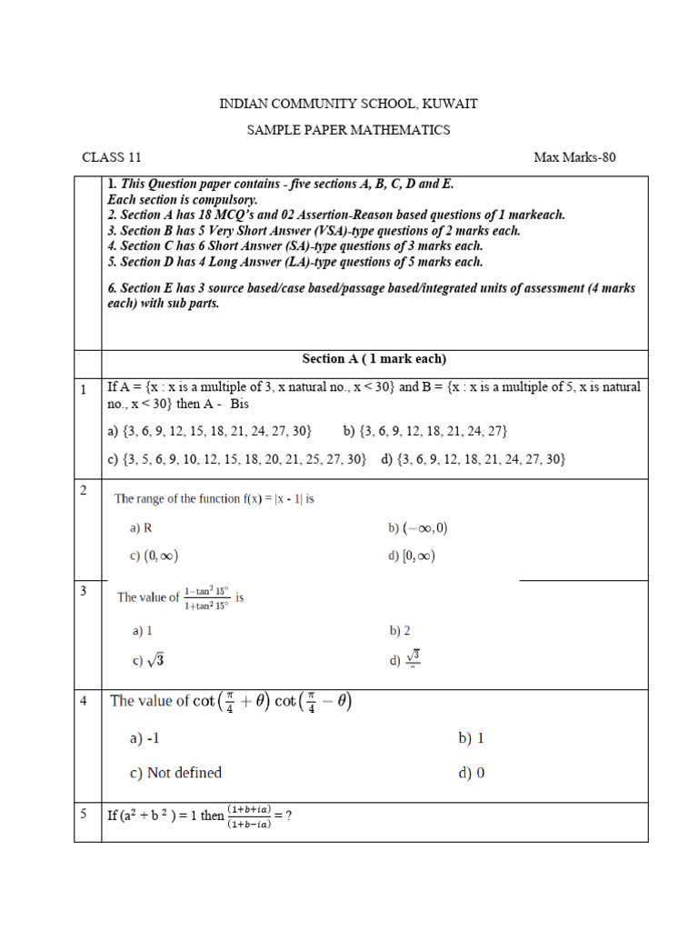 Class 11 - Final Exam - Sample Paper 2023 | PDF | Mathematics
