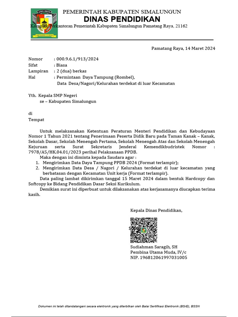 Surat Dinas Daya Tampung Dan Zonasi | PDF