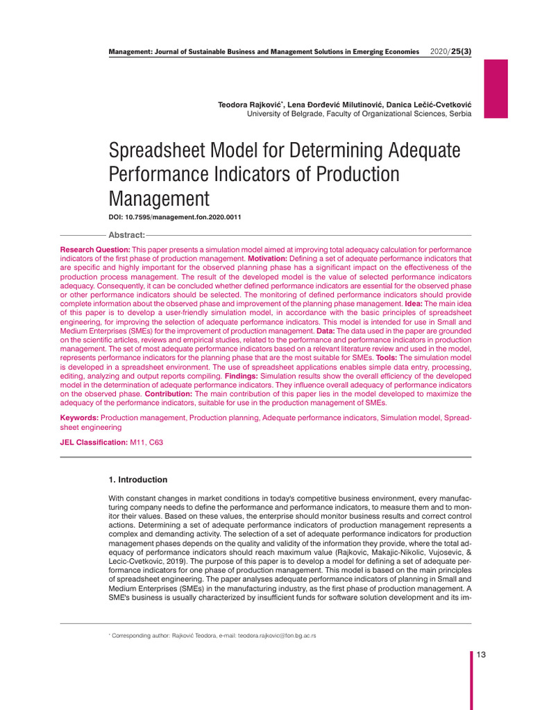 Spreadsheet Model For Determining AdequatePerformance Indicators of ...
