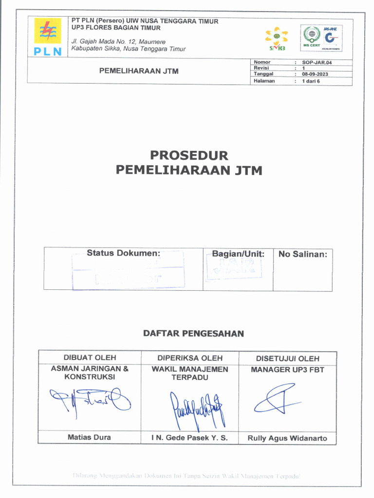 Prosedur Pemeliharaan JTM | PDF