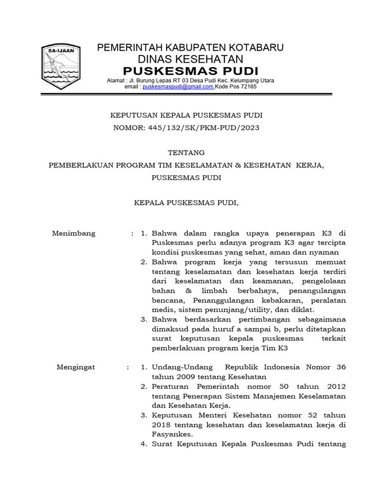 Program K3 Puskesmas Pudi 2023 | PDF
