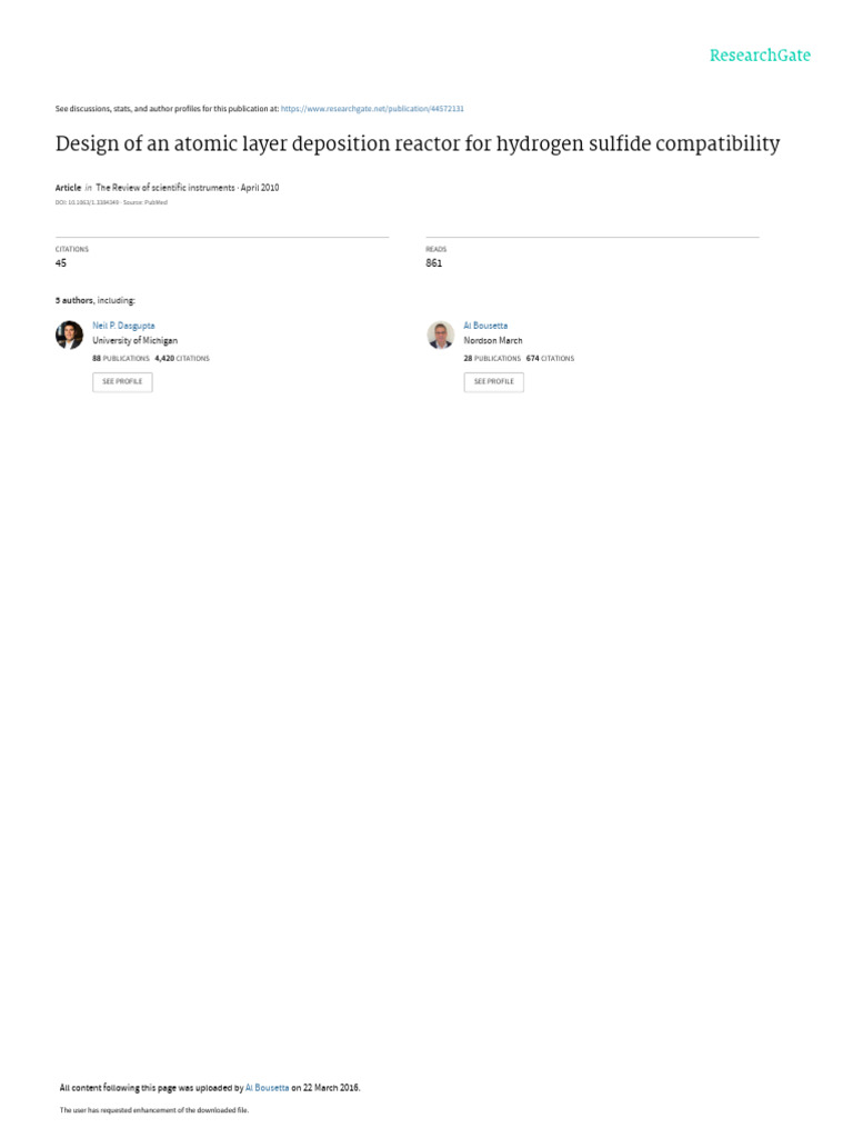 2010 Design of an atomic layer deposition reactor for hydrogen sulfide compatibility | PDF ...